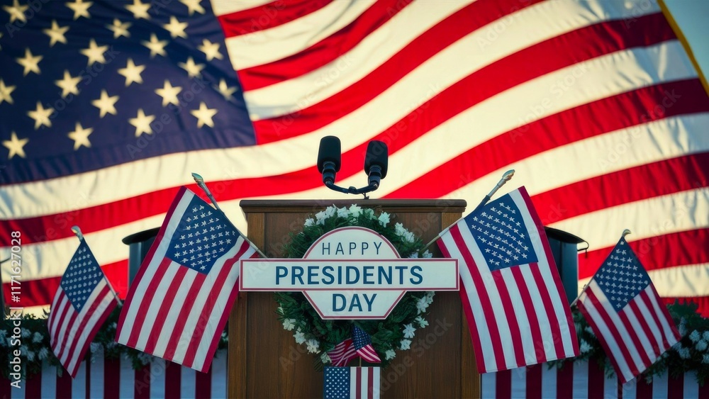 Presidents inauguration day celebration podium with american flags and ...