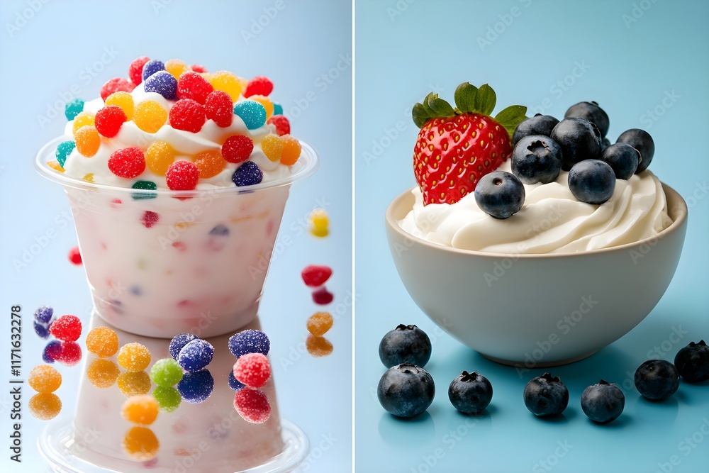 Foto de Stock Healthy vs. unhealthy food: Sugary yogurt with candy vs ...