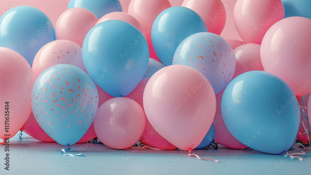 Composición alegre de globos rosas y azules en el suelo sobre fondo ...