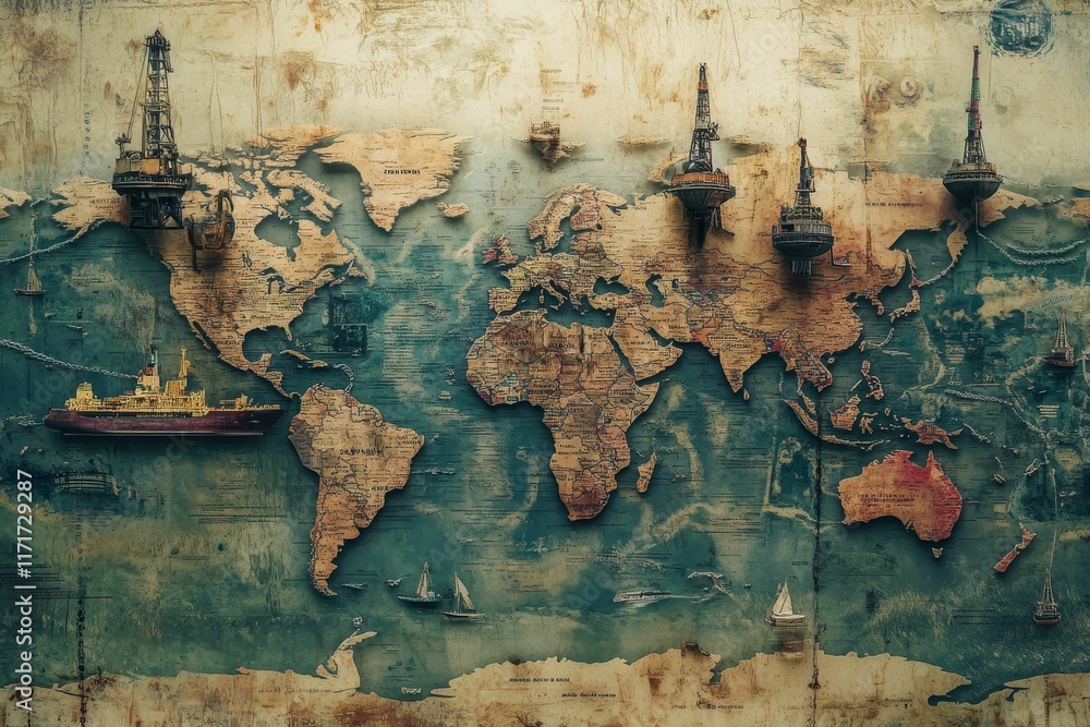 World map with ships and drilling rigs. Stock Illustration | Adobe Stock