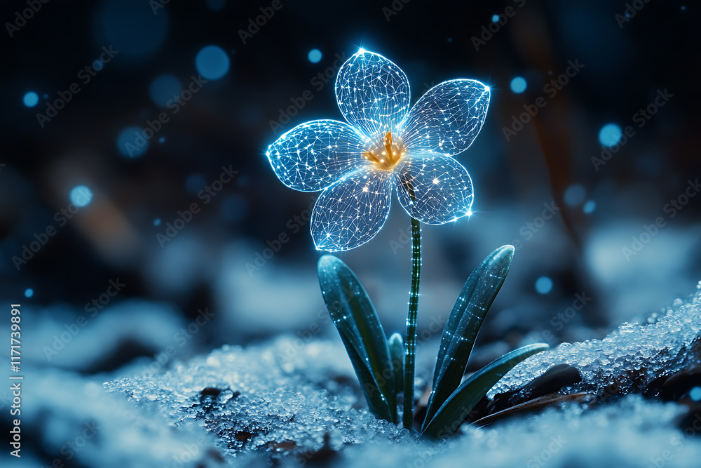 Glowing wireframe a snowdrop flower blooming through snow on a ...