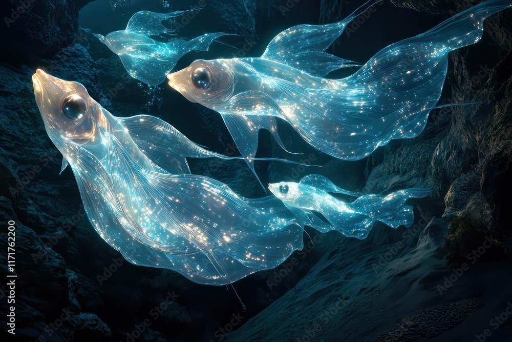 Ethereal fish with translucent, ribbon-like bodies and glowing ...