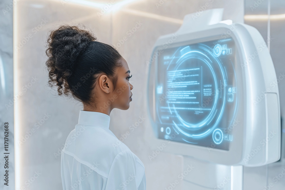 Dark-skinned woman in a futuristic beauty salon where an artificial ...