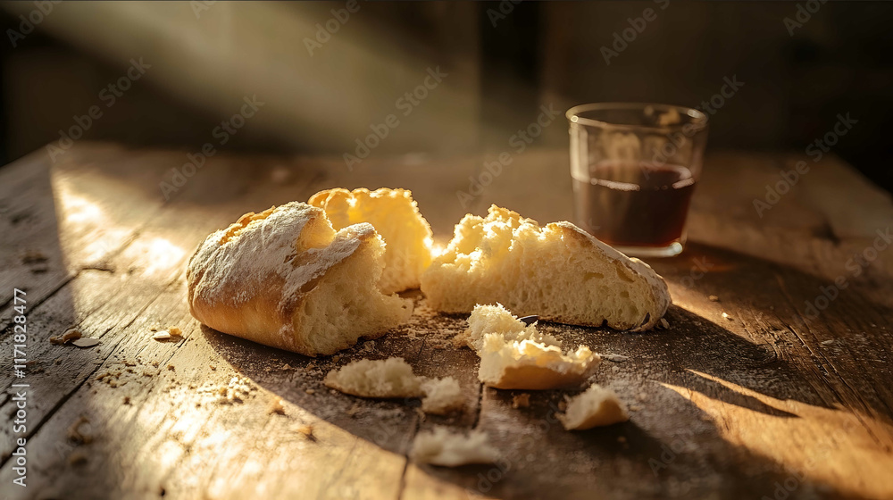 broken pieces of communion bread on a wooden table with a soft light similar to a fat bread ...