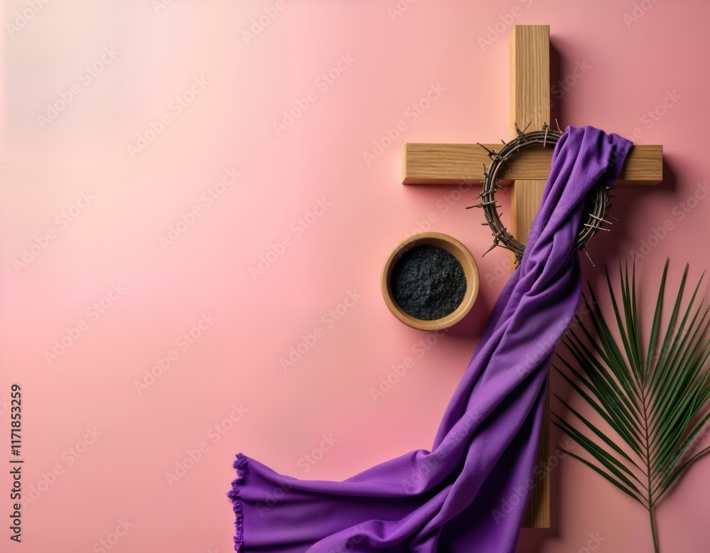 Religious cross with purple cloth and crown of thorns on pink ...