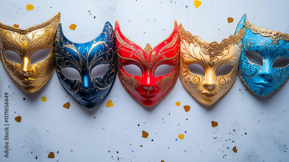 Conjunto de máscaras de carnaval sobre fondo blanco en distintos ...