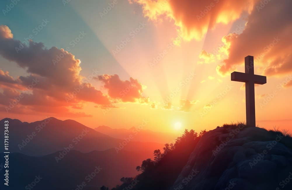 Sunset landscape. Silhouette cross on hilltop. Powerful light ...