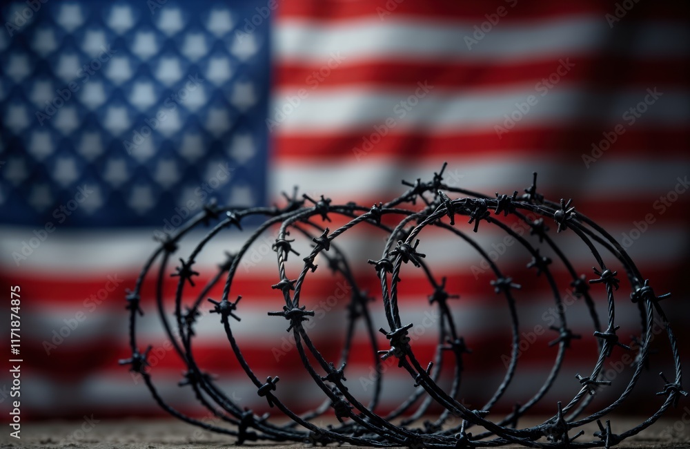 American flag backdrop with barbed wire coils. Image shows symbol of ...