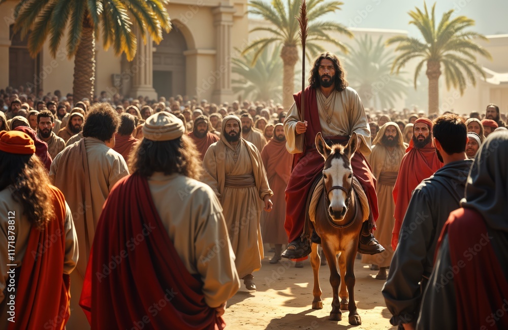 Jesus rides donkey on Palm Sunday. Large crowd follows through city ...