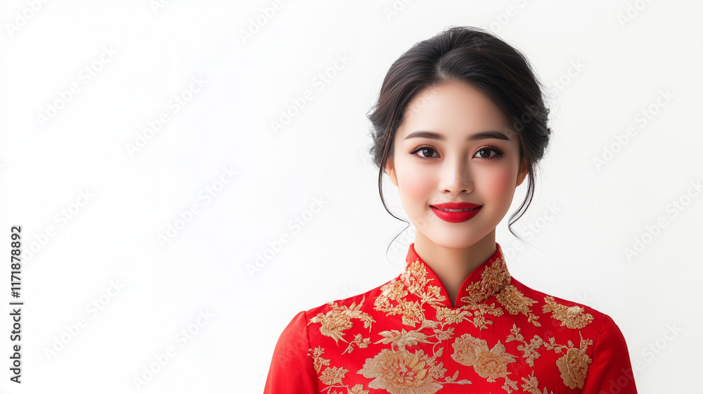 Chinese woman in red traditional dress smiles gracefully, showcasing ...