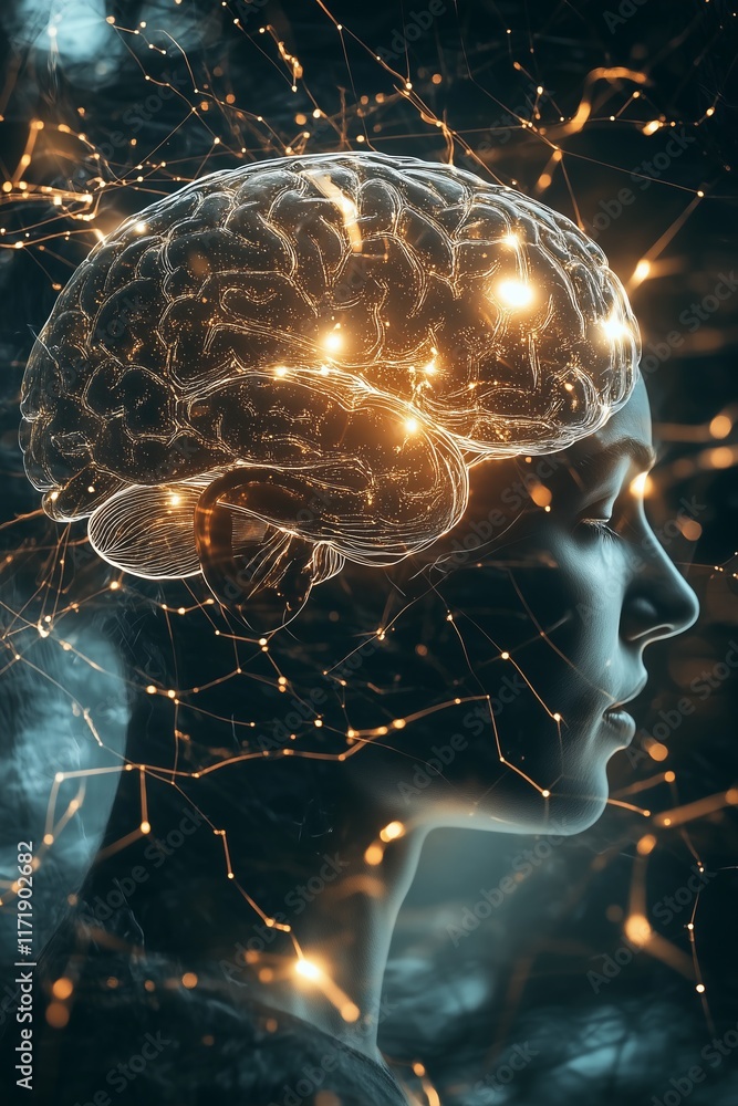 Human brain glowing and activating neural connections inside a digital ...