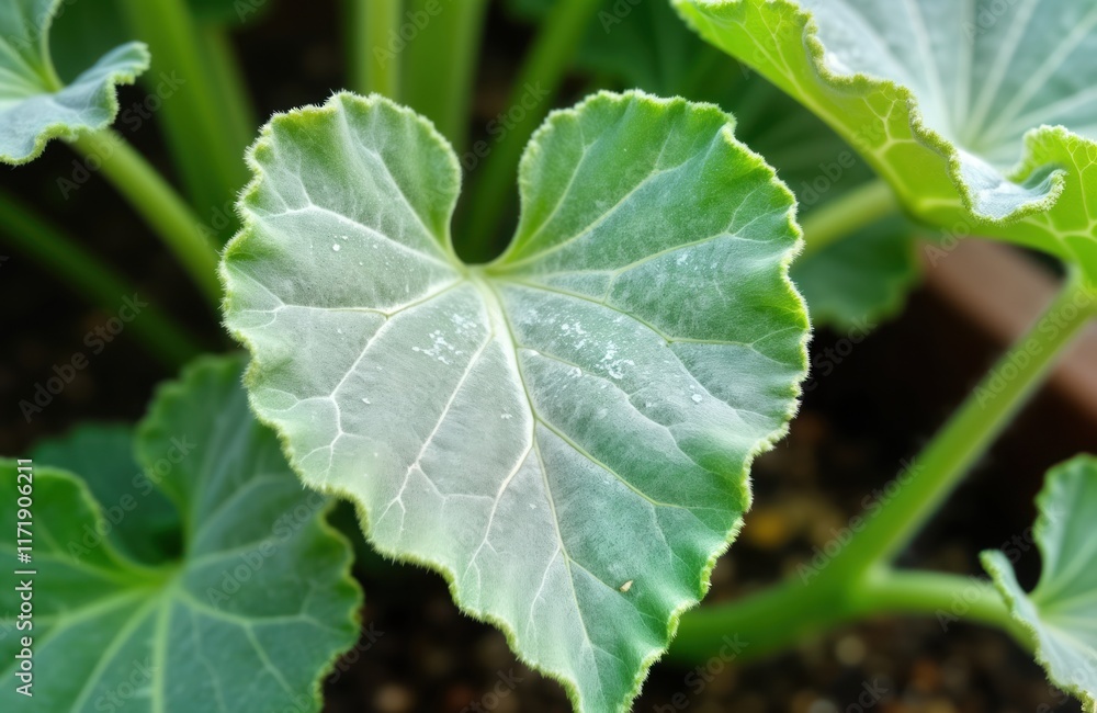 Closeup view of courgette plant leaf showing powdery mildew. Fungal ...