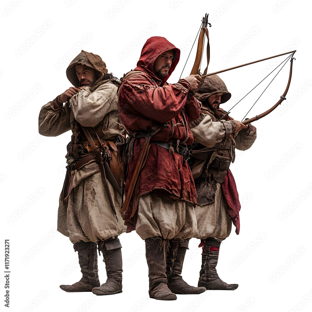Three archers in medieval clothing with bows drawn aiming at the target ...