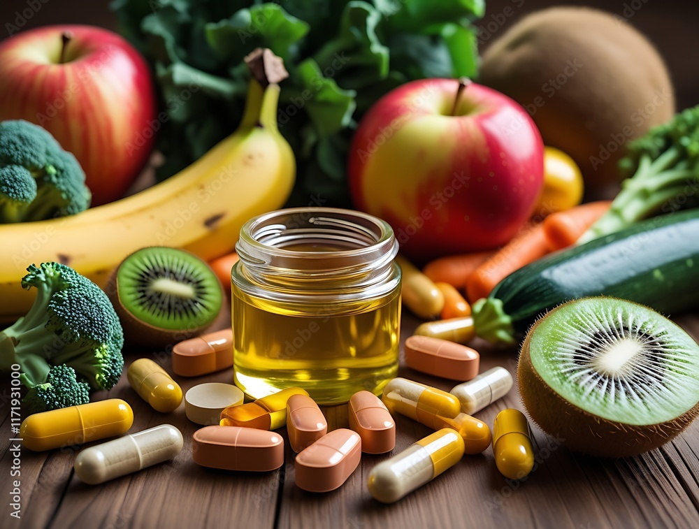 Nutrient-rich foods and supplements for a balanced diet featuring fresh ...