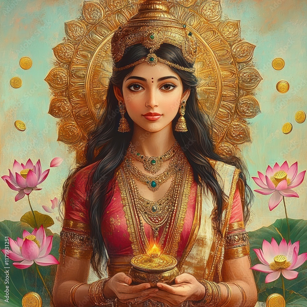 Intricate Goddess Laxmi Portrait in Traditional Indian Art Style Stock ...