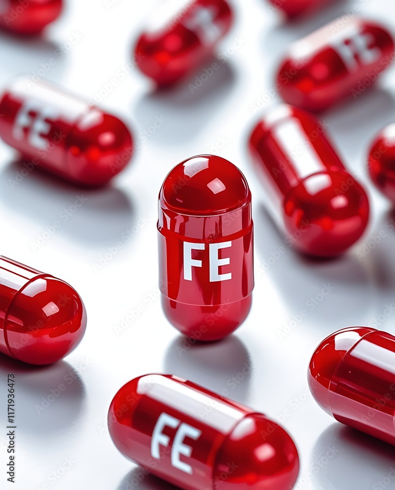 Red iron supplement capsules with “Fe” labels representing essential ...