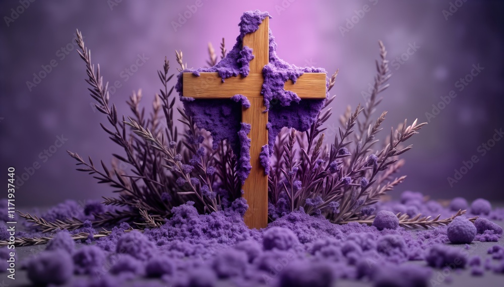 Purple background with wooden cross covered in purple ash. Purple ...