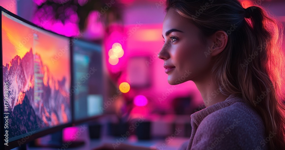 Woman Working on Dual Monitor Setup in Modern Office with Digital ...