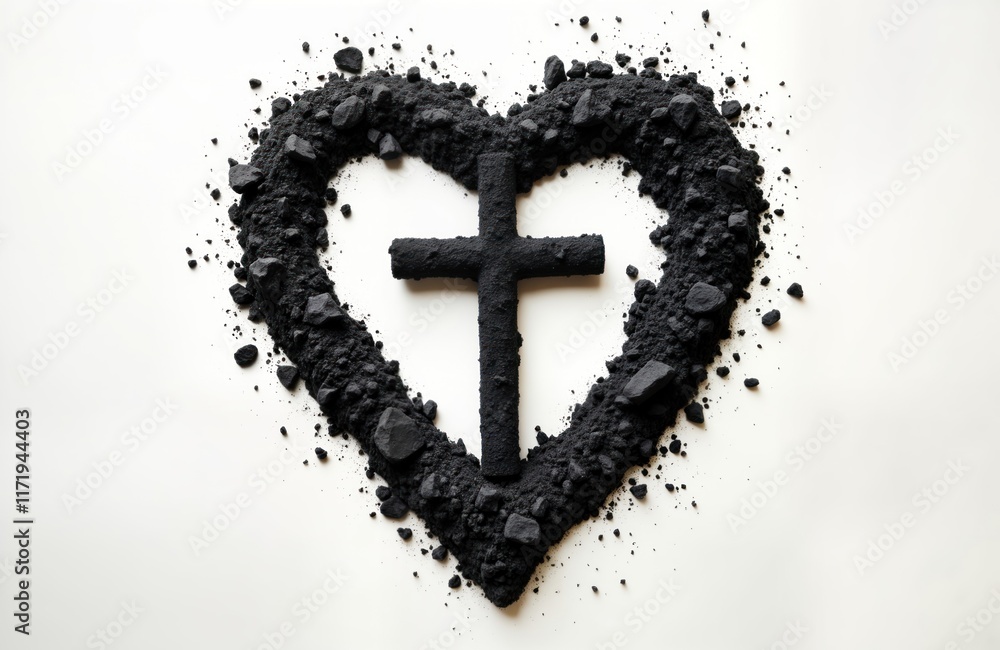 Black cross symbol placed in heart-shaped ash. Ash spread in heart form ...