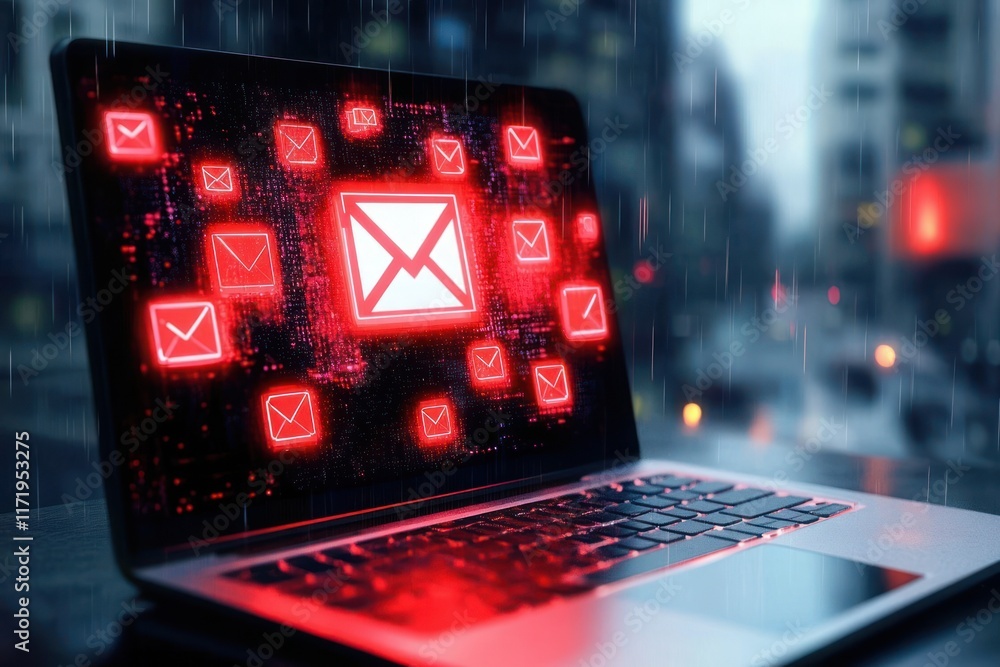Cyberpunk Laptop Screen with Spam Alerts and Notifications in a Neon ...