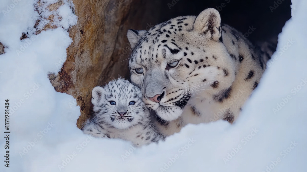 snow leopard cub nuzzles its mother in snowy den, showcasing their bond ...