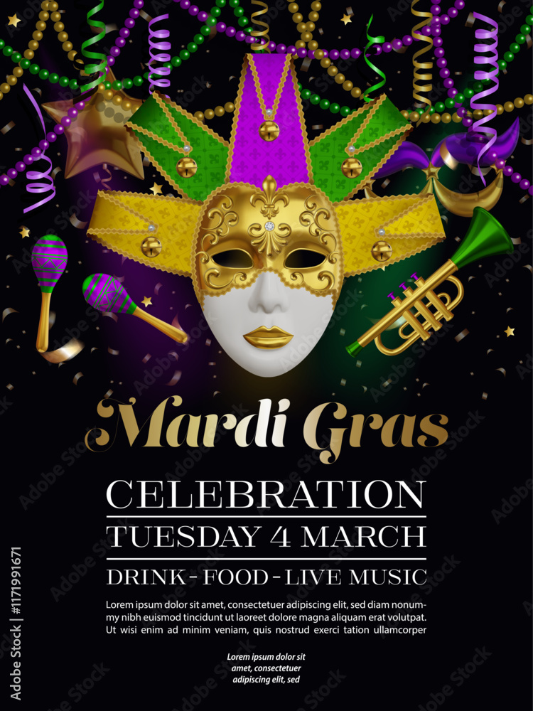 mardi gras poster with JOLLY mask, musical instruments, party balloons ...