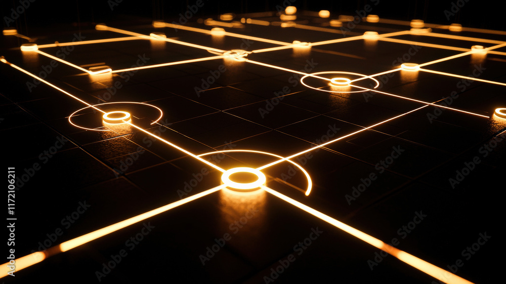 A futuristic flowchart with interconnected glowing nodes and pathways ...