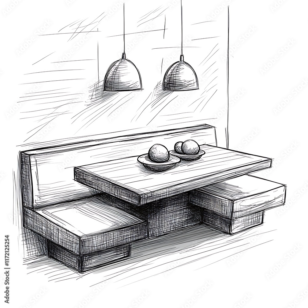 Hand-Drawn Sketch of Modern Built-in Banquette Seating with Table and ...