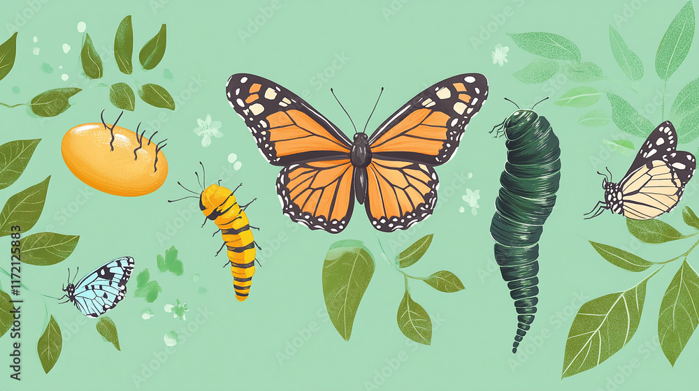 An illustrated sequence showing the stages of a butterfly's life cycle ...