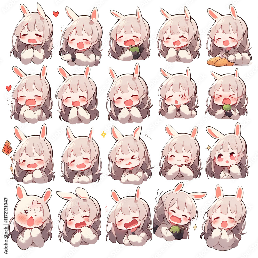 Cute anime style bunny girl emoticons expressing various emotions and ...