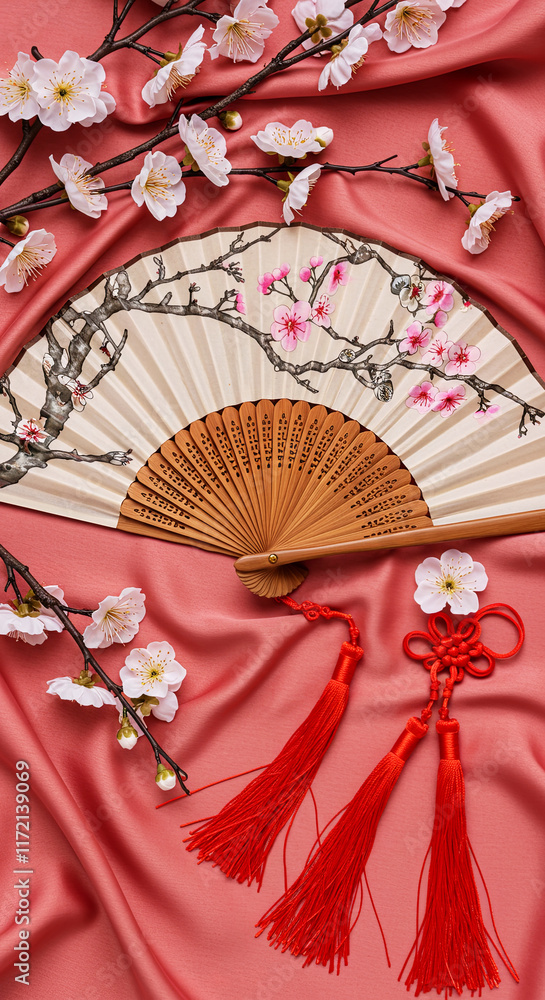 Paper fan tradisional Chinese patterns, placed on a silk background ...