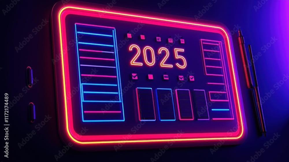 2025 planning aligns with goal setting and objectives. Neon sign ...