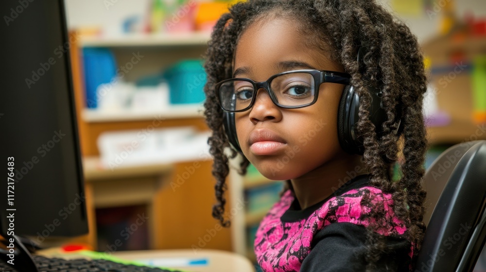 Child using assistive technology to solve math problems in an inclusive ...