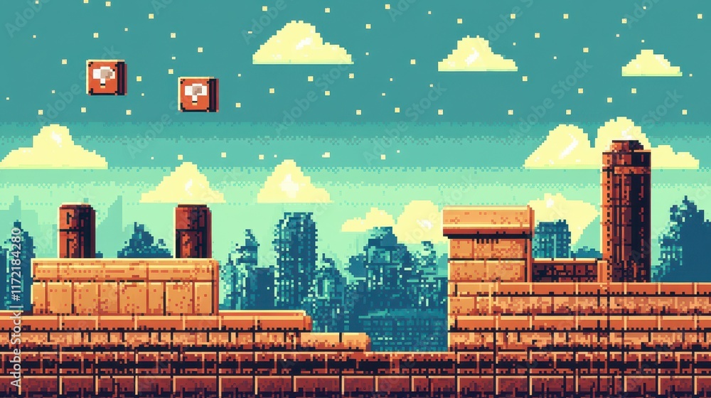 Retro 8-bit pixel art game interface background, evoking nostalgia with its classic video game ...