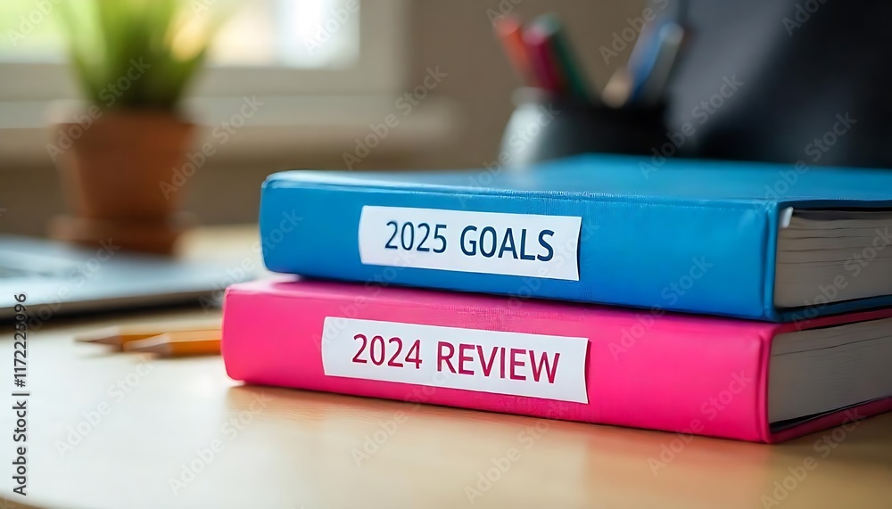 office binders with title 2025 goals and 2024 review, New Year goals ...