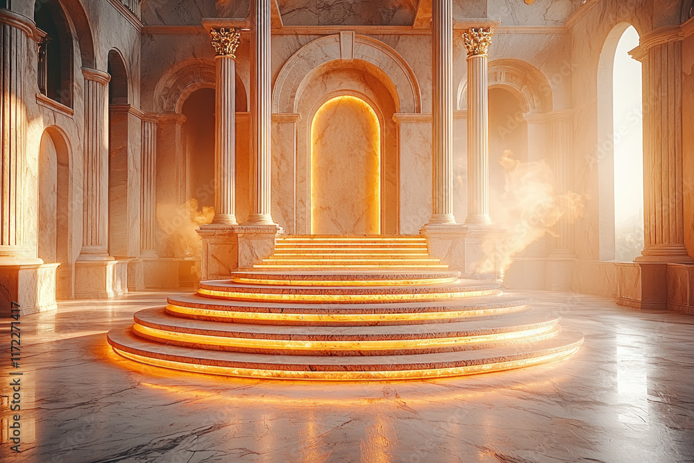 Glowing stairs, marble palace interior, sunrise through arched doorway, misty background, ideal ...