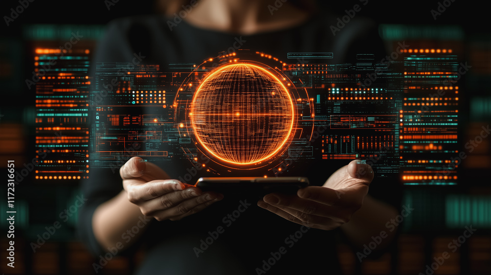 Cybersecurity Guardian: A woman's hands cradle a smartphone, projecting ...