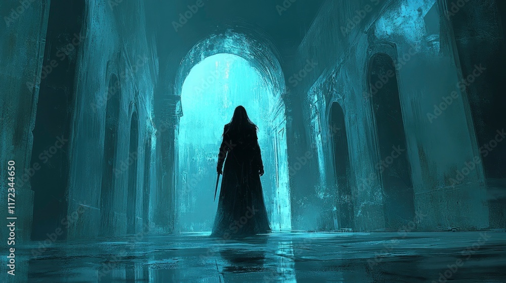 Dark elf assassin moving through shadow-filled castle corridor ...