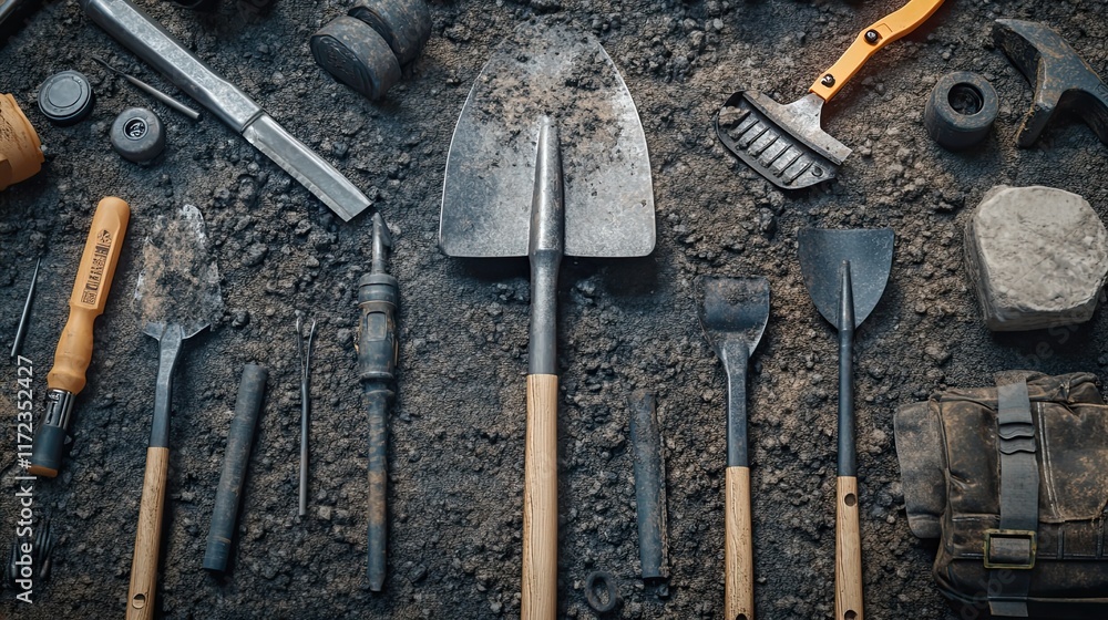 Archaeology tools on dark soil; excavation site background. Stock photo ...