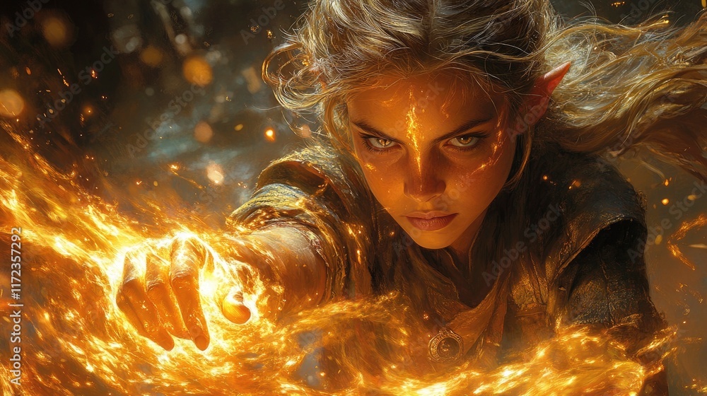 Young elf mastering fire magic, flames forming shapes of animals in ...