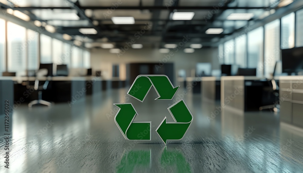 Green recycle symbol icon on a professional office background ...