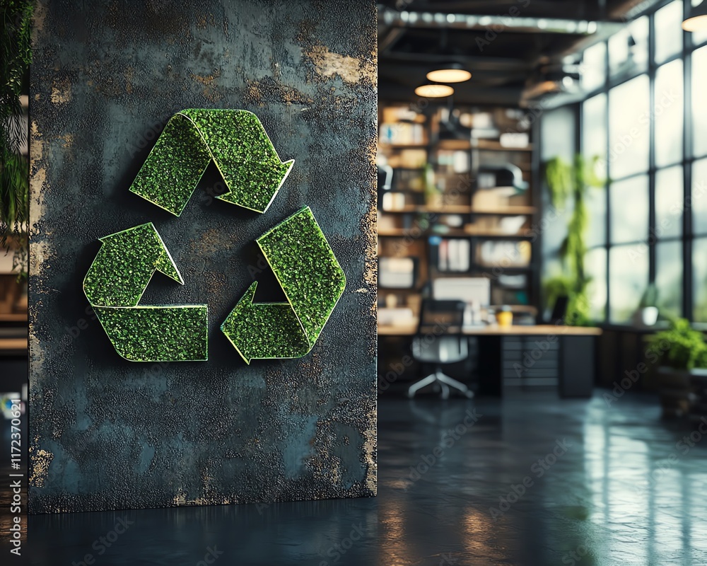 Recycling symbol in green, integrated into a modern office background ...