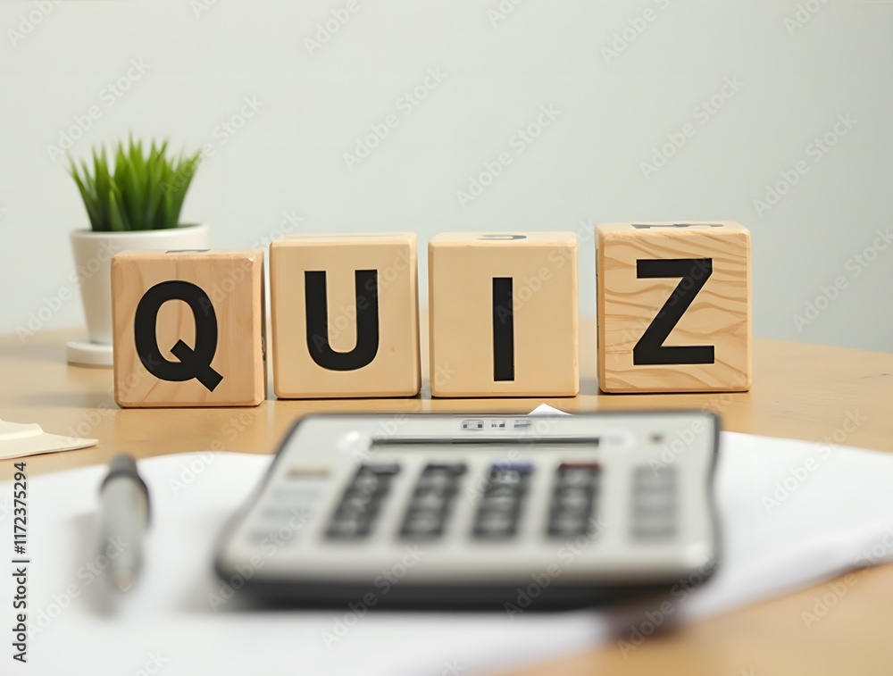 Quiz Time: Wooden Blocks Spelling Quiz on Desk with Calculator Stock ...