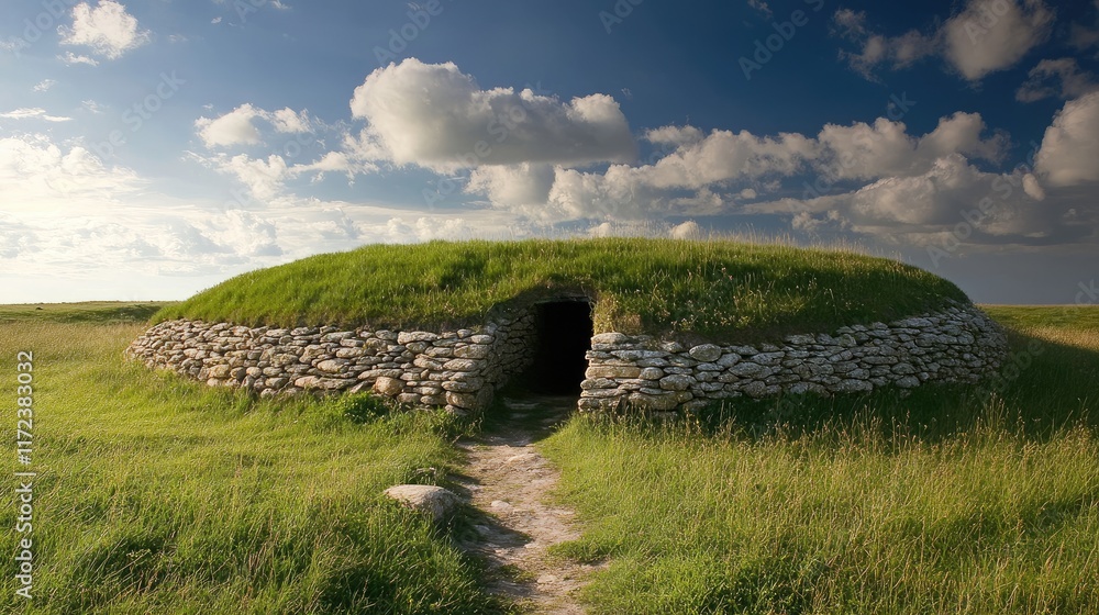 Ancient Neolithic sanctuary structure surrounded by grassy landscape ...