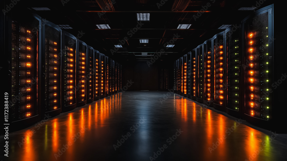 Data Center Powerhouse: Rows of powerful servers illuminate a modern ...