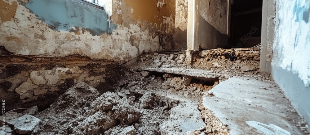 Crumbling building foundation with deteriorating walls from water ...