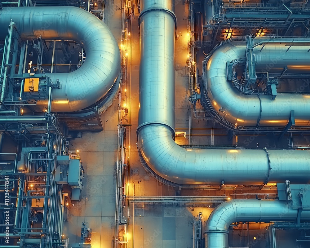 Steel pipeline structure in a sprawling outdoor oil and gas chemical ...