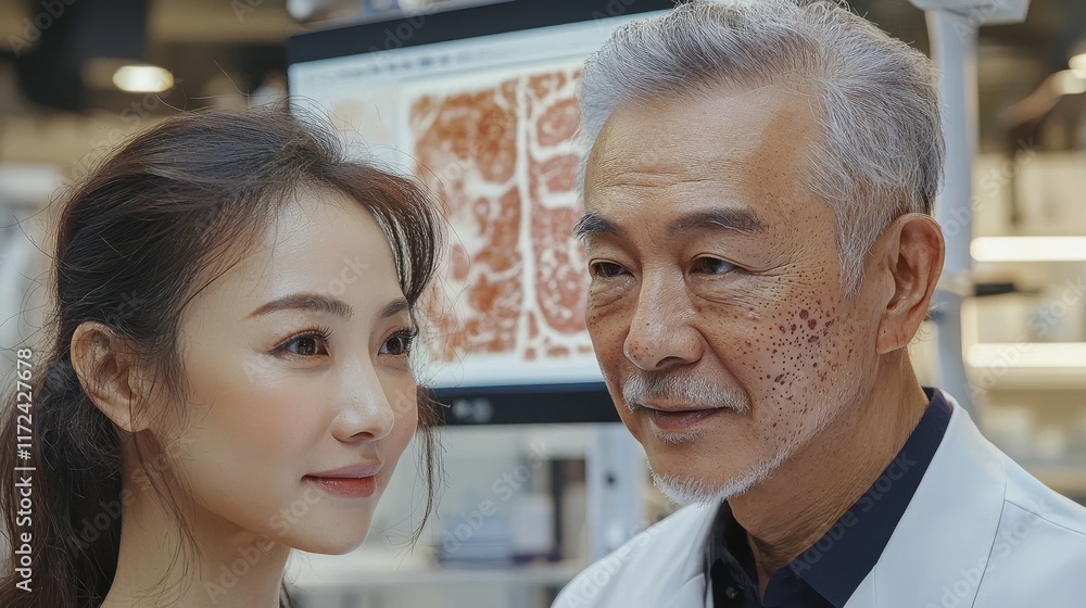 Dermatologist explains skin health illustration to patient in clinical ...