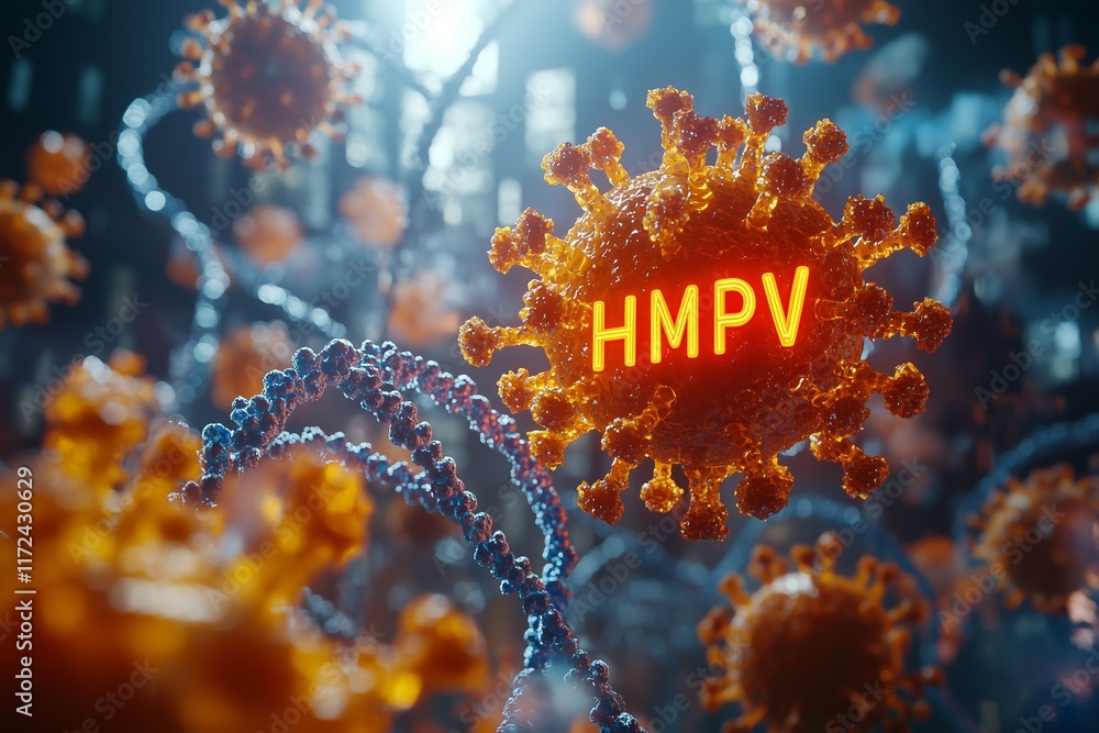 Microscopic cell structure of Human metapneumovirus, letters "HMPV ...