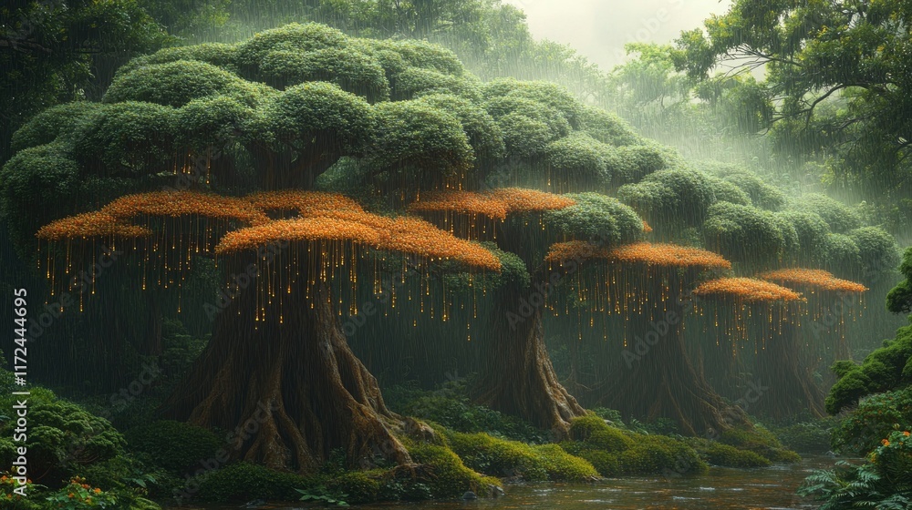 Forest of umbrella trees actually sheltering smaller plants from golden ...